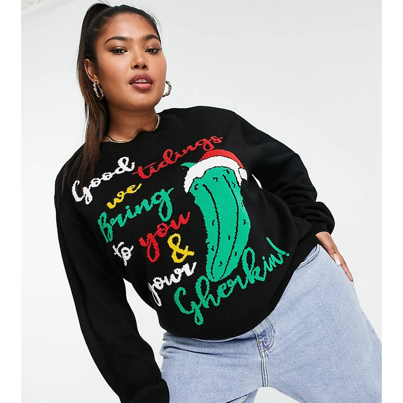 Threadbare Curve Threadbare Plus Christmas gherkin jumper in black ...