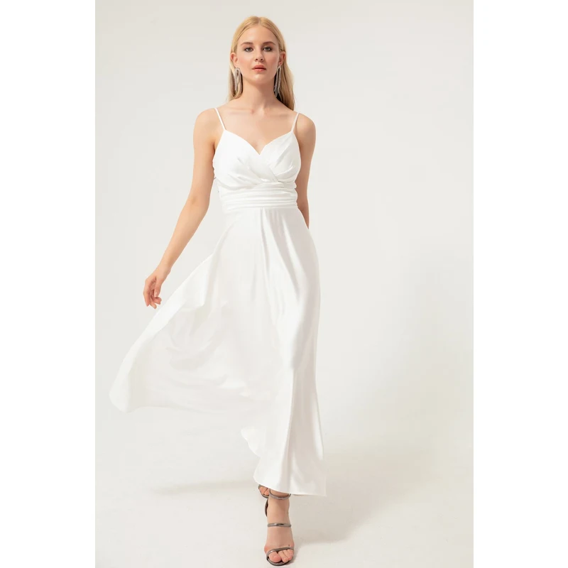 Lafaba női fehér kötélpántos derékszíjas szatén midi estélyi ruha és ...