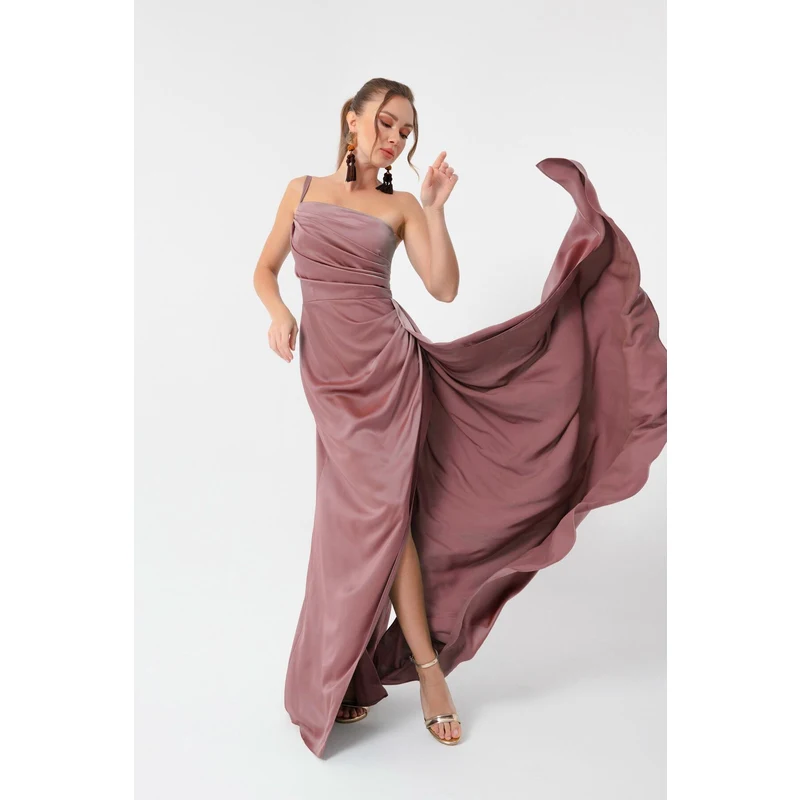 Lafaba női lazac egyvállas szatén estélyi ruha és ballagási ruha - GLAMI.hu