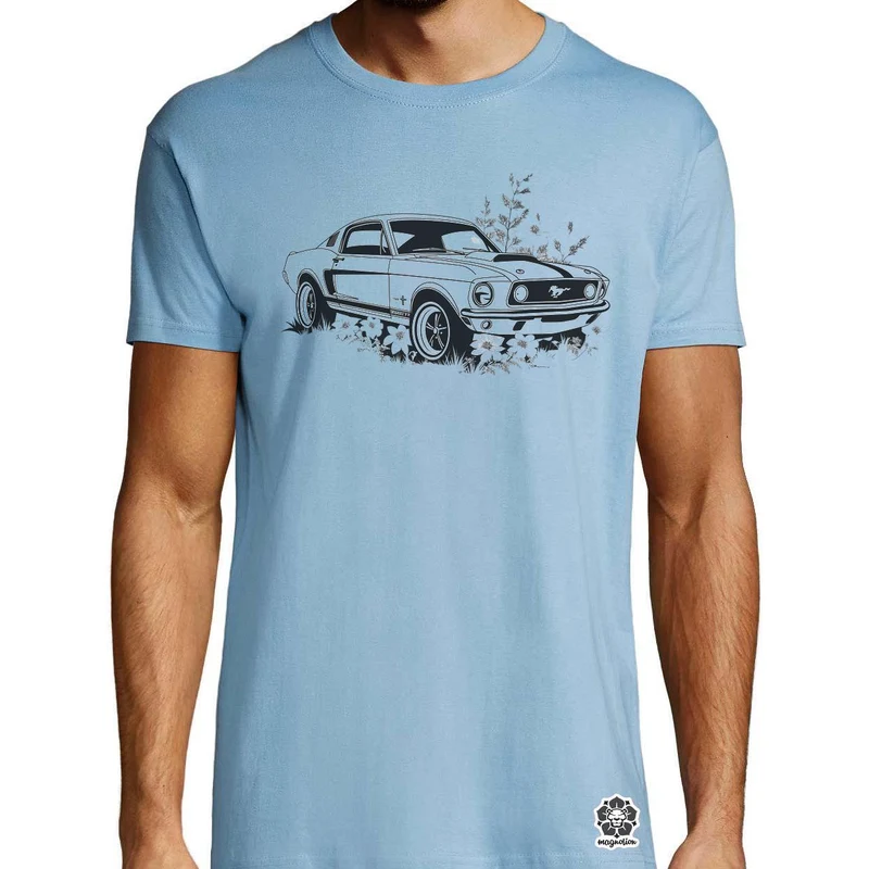 Magnolion Mustang és virágok rajz v3 égkék férfi póló - GLAMI.hu