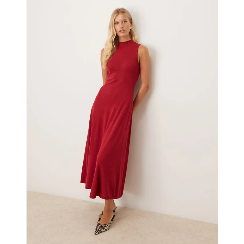 Mango high neck compated knit midi dress with pleat hem in cherry red ...